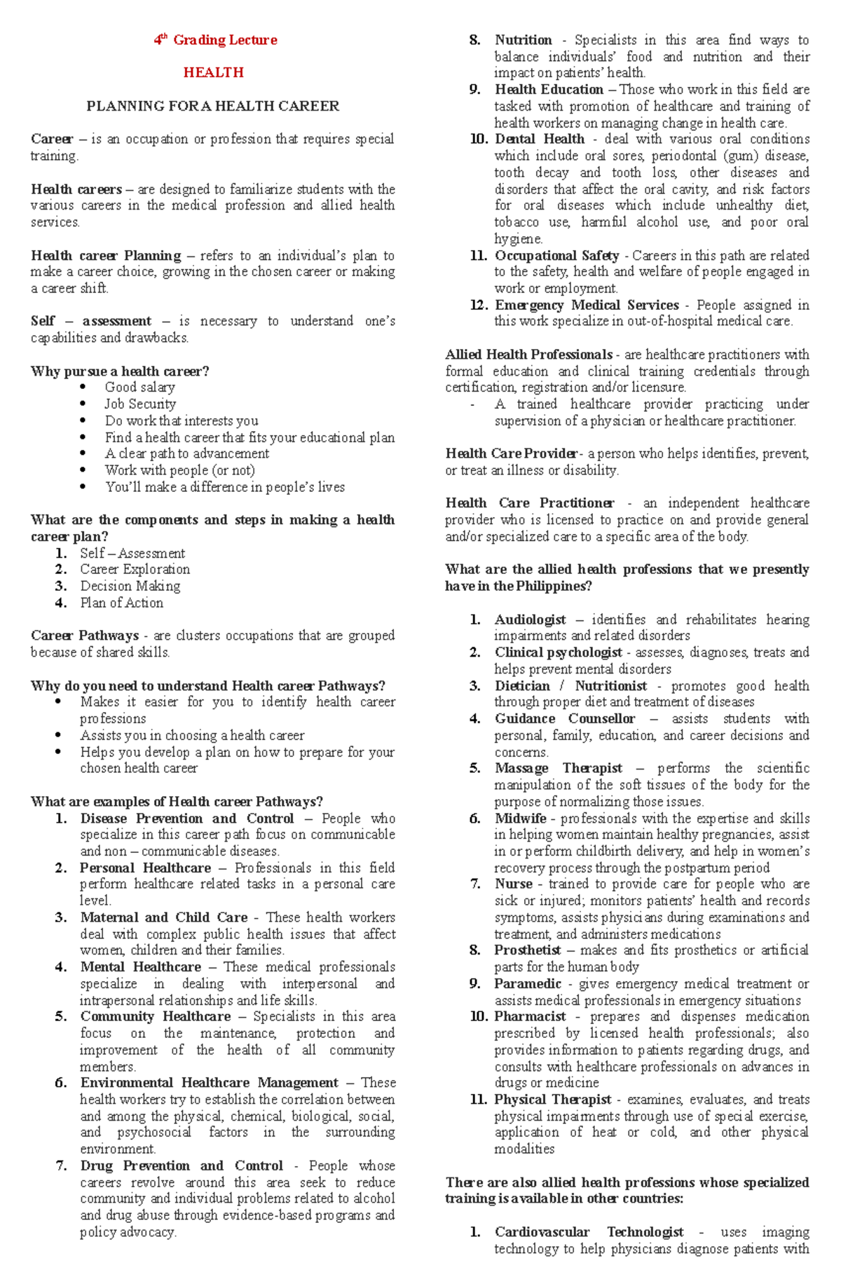 4TH- Grading- Lectures - 4 th Grading Lecture HEALTH PLANNING FOR A ...