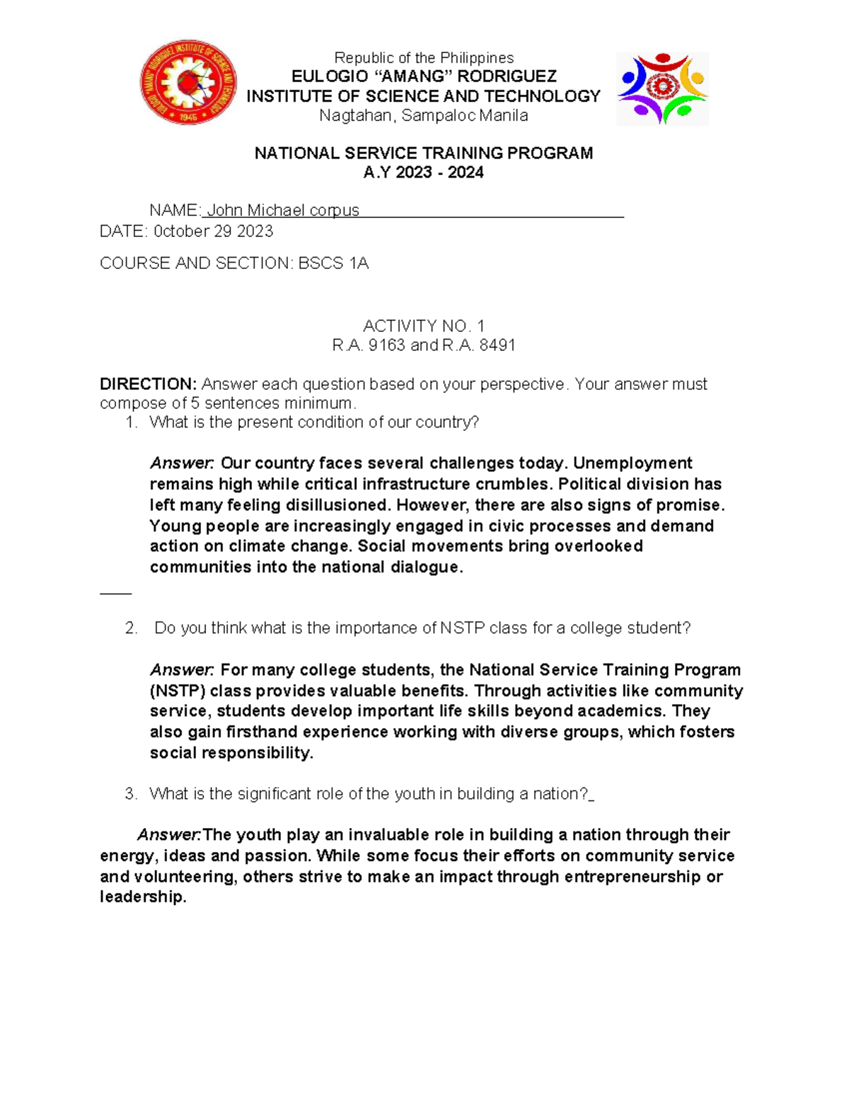 Activity 1 NSTP LAW AY 2023 2024 - Republic of the Philippines EULOGIO ...