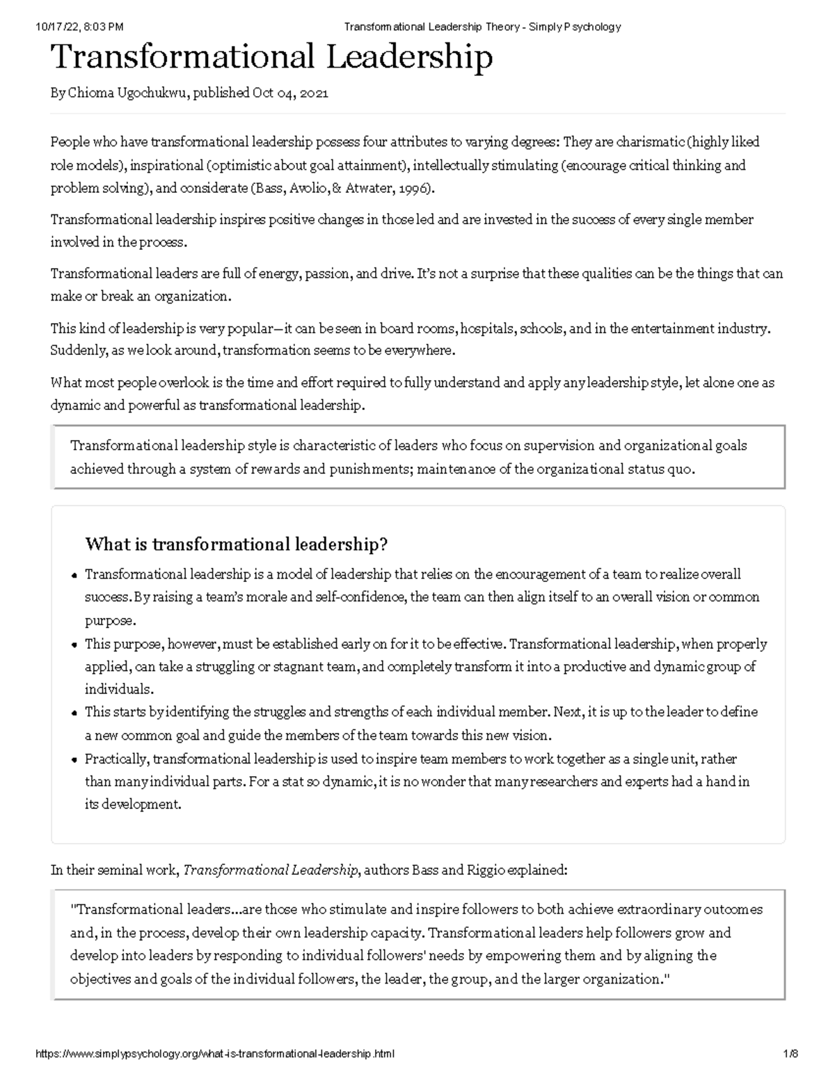 Transformational Leadership Theory - Simply Psychology ...