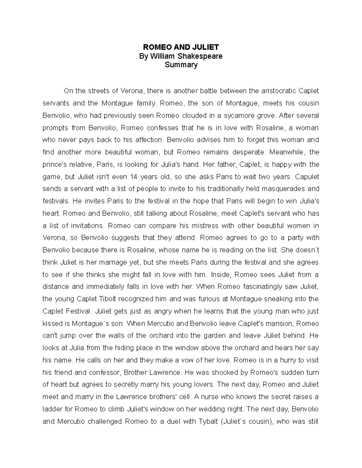 Romeo and Juliet - ROMEO AND JULIET By William Shakespeare Summary On ...