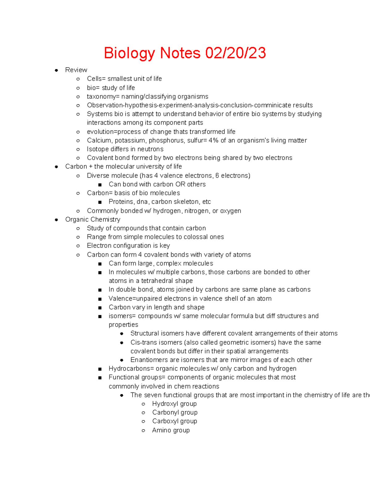 Bio Chapter 4 - gibson - Biology Notes 02/20/ Review Cells= smallest ...