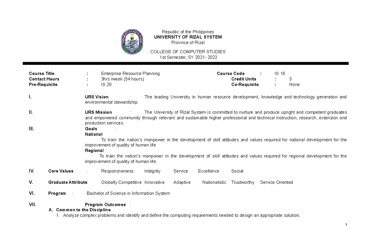IS20 ERP - Syllabi for ERP - Republic of the Philippines UNIVERSITY OF ...
