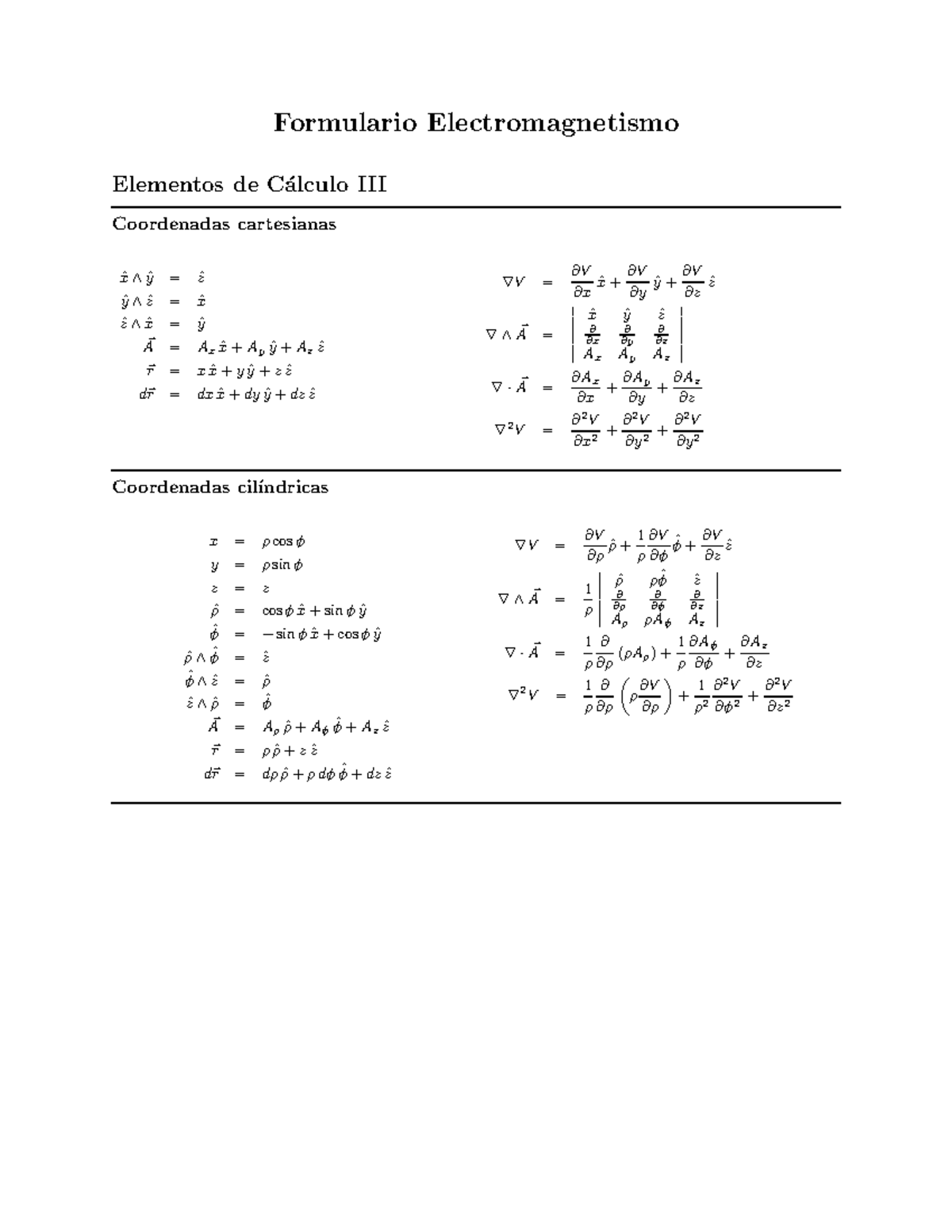 Formulario Electro - Formulario Electromagnetismo Elementos de C ́alculo III Coordenadas ...
