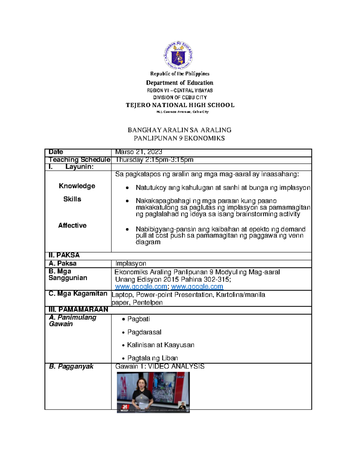 Lesson PLAN - Republic of the Philippines Department of Education ...