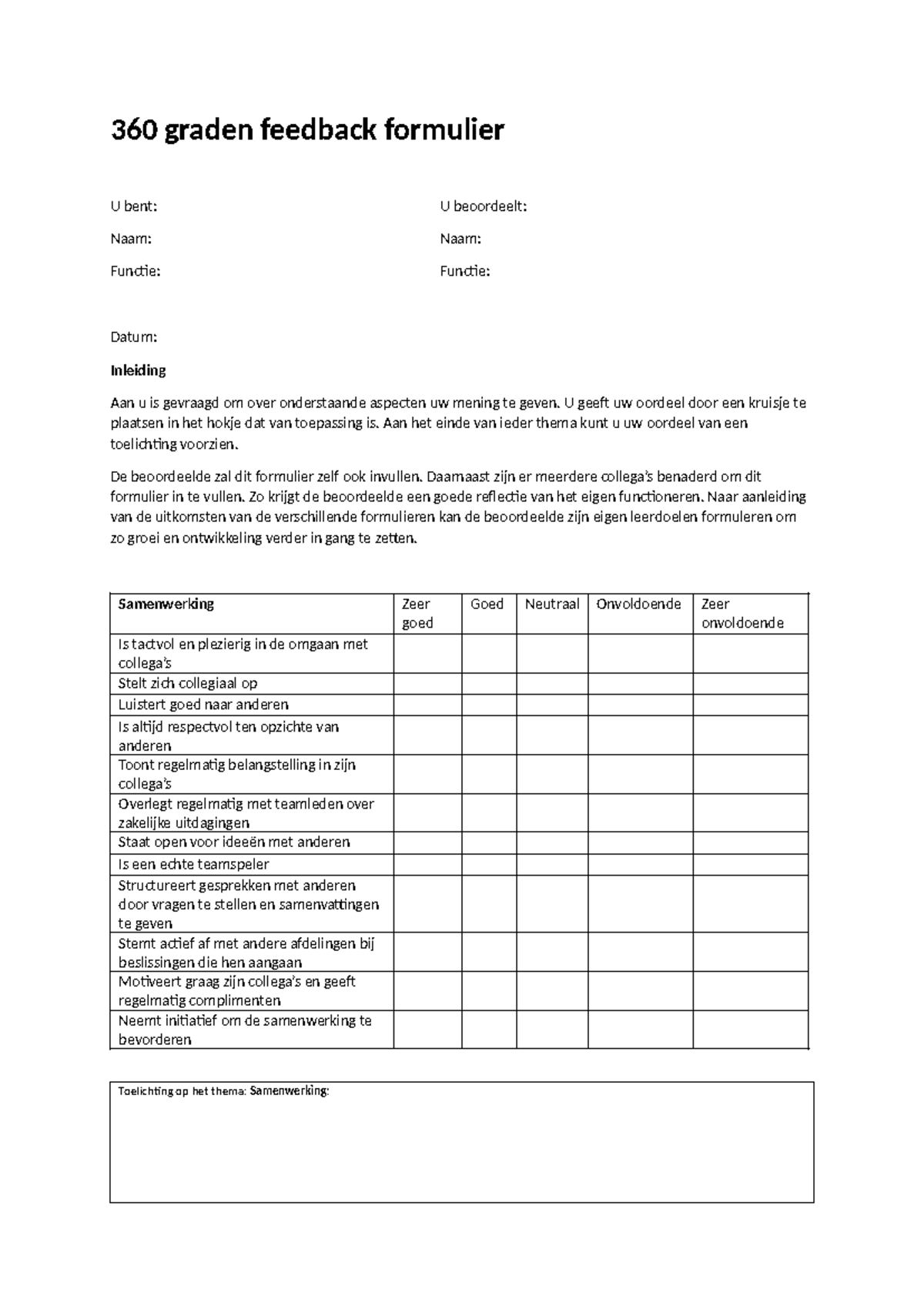 360 graden feedback formulier - 360 graden feedback formulier U bent: U ...