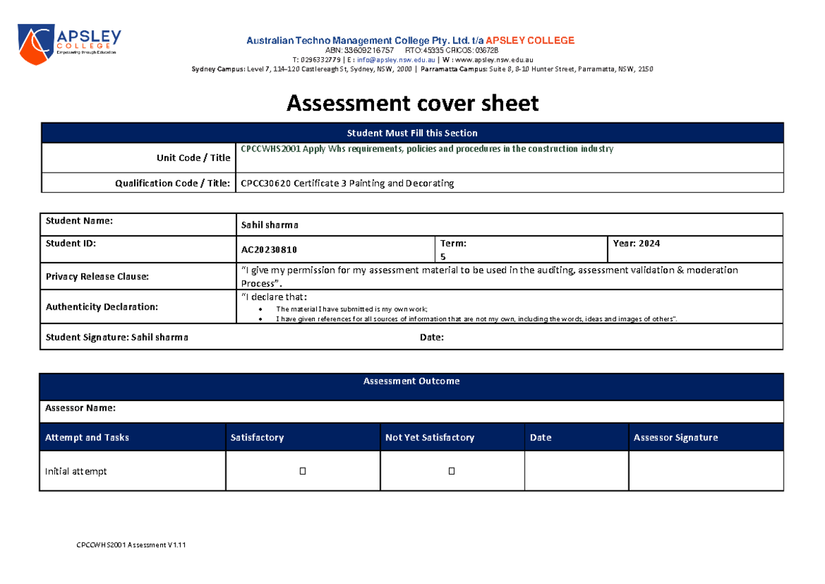 Cpccwhs 2001 Student Assessment - ABN: 33 609 216 757 RTO: 45335 CRICOS ...
