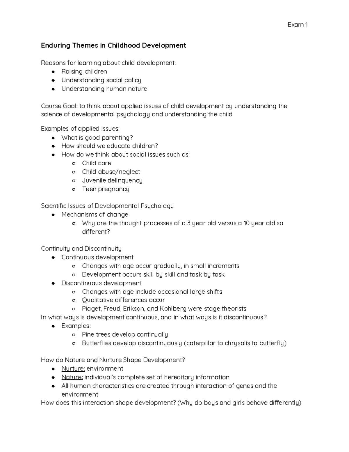 Exam 1 Material - Covers: enduring themes in childhood development ...