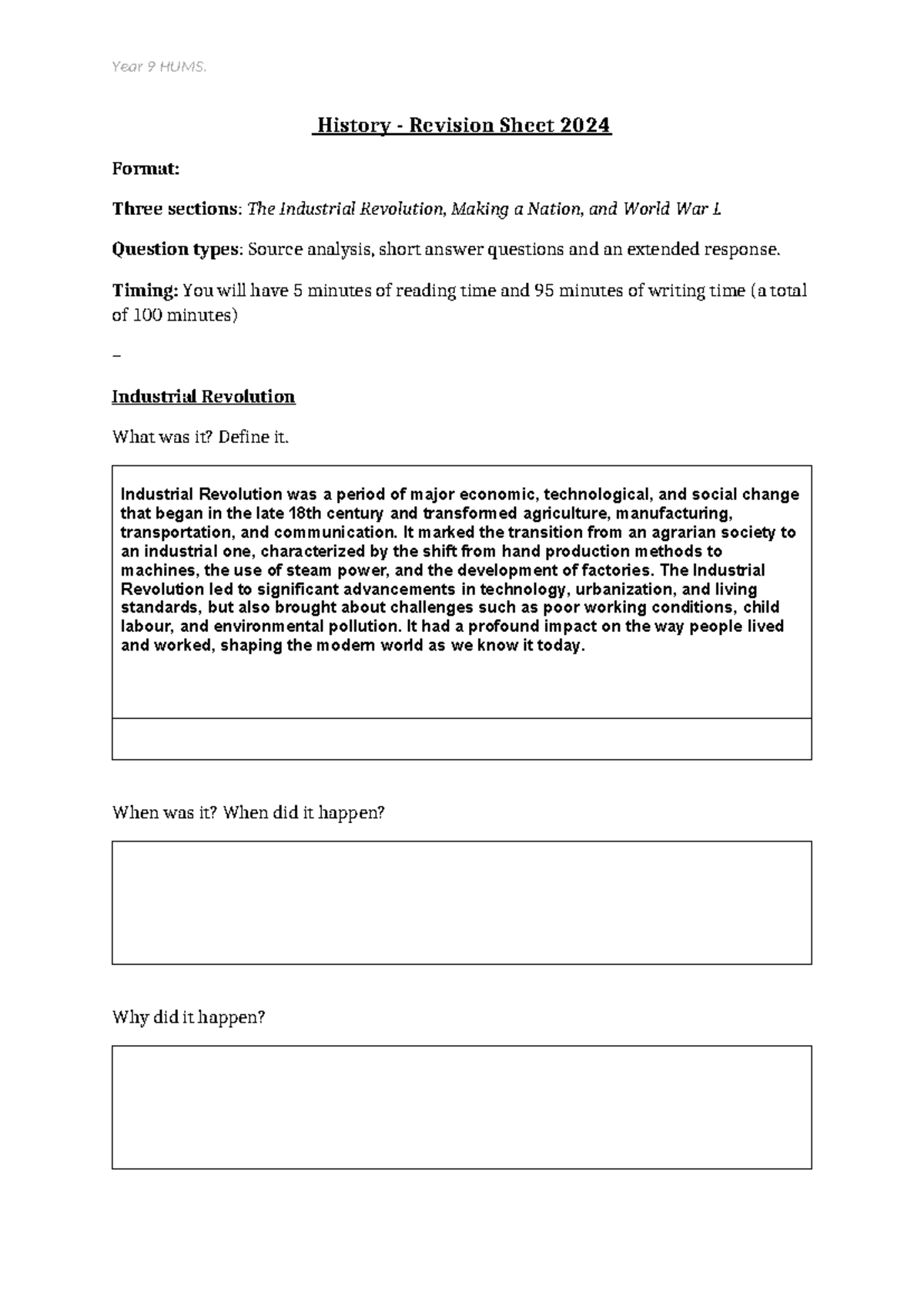 Year 9 History Revision Sheet 2024 - History - Revision Sheet 2024 ...