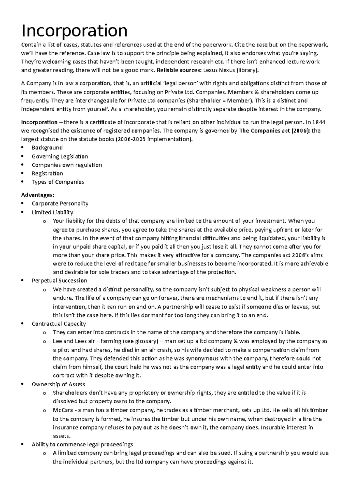 Lecture 7 - Incorporation - Incorporation Contain a list of cases ...