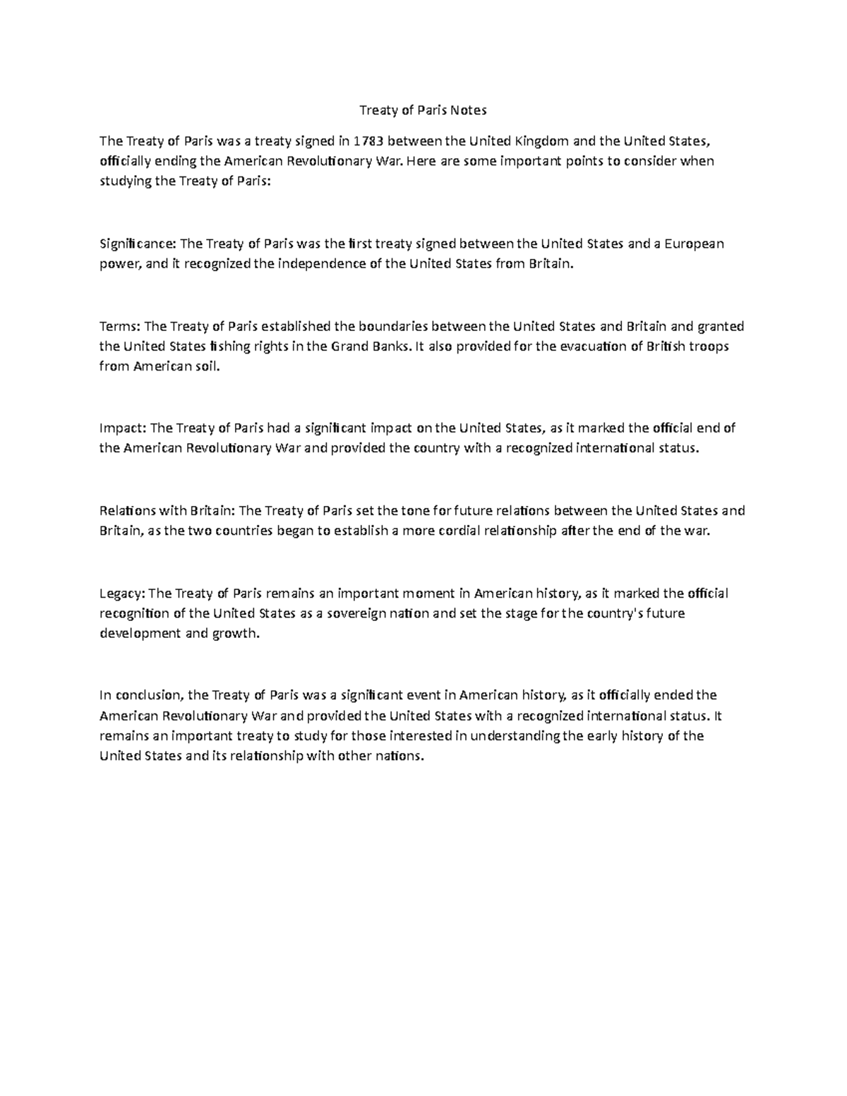 Treaty of Paris Notes - Here are some important points to consider when ...