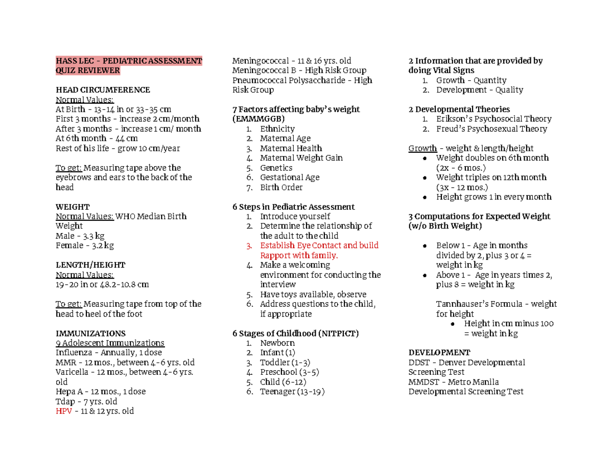 HASS Lec and Lab - HASS LEC - PEDIATRIC ASSESSMENT QUIZ REVIEWER HEAD ...