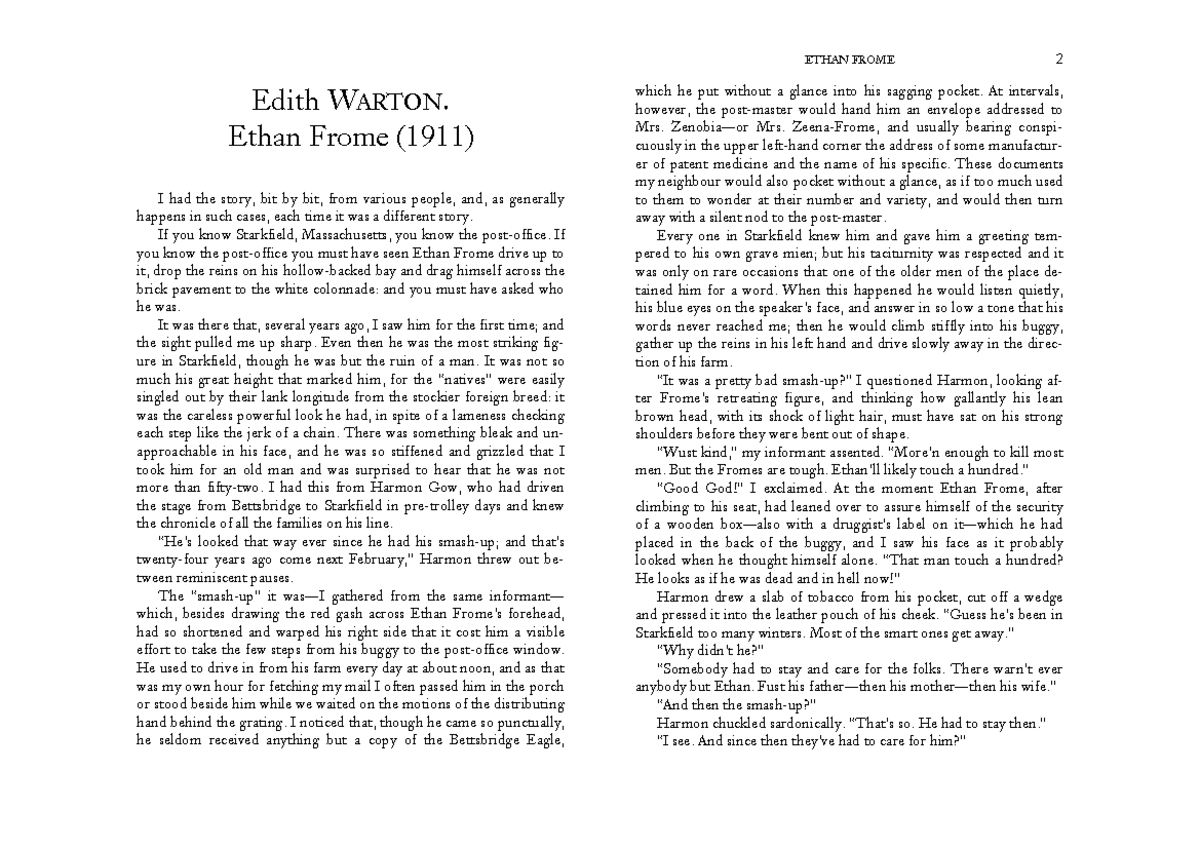 Wharton Ethan Frome - - Studocu