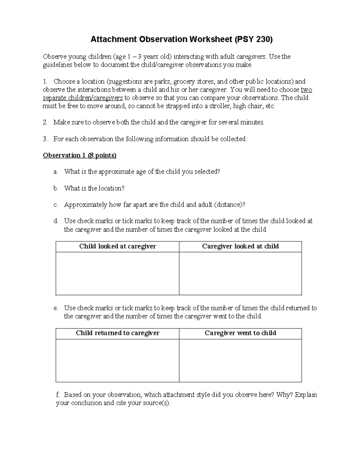 PSY 230 Assignment - Attachment Observation Worksheet - Attachment Observation Worksheet (PSY ...