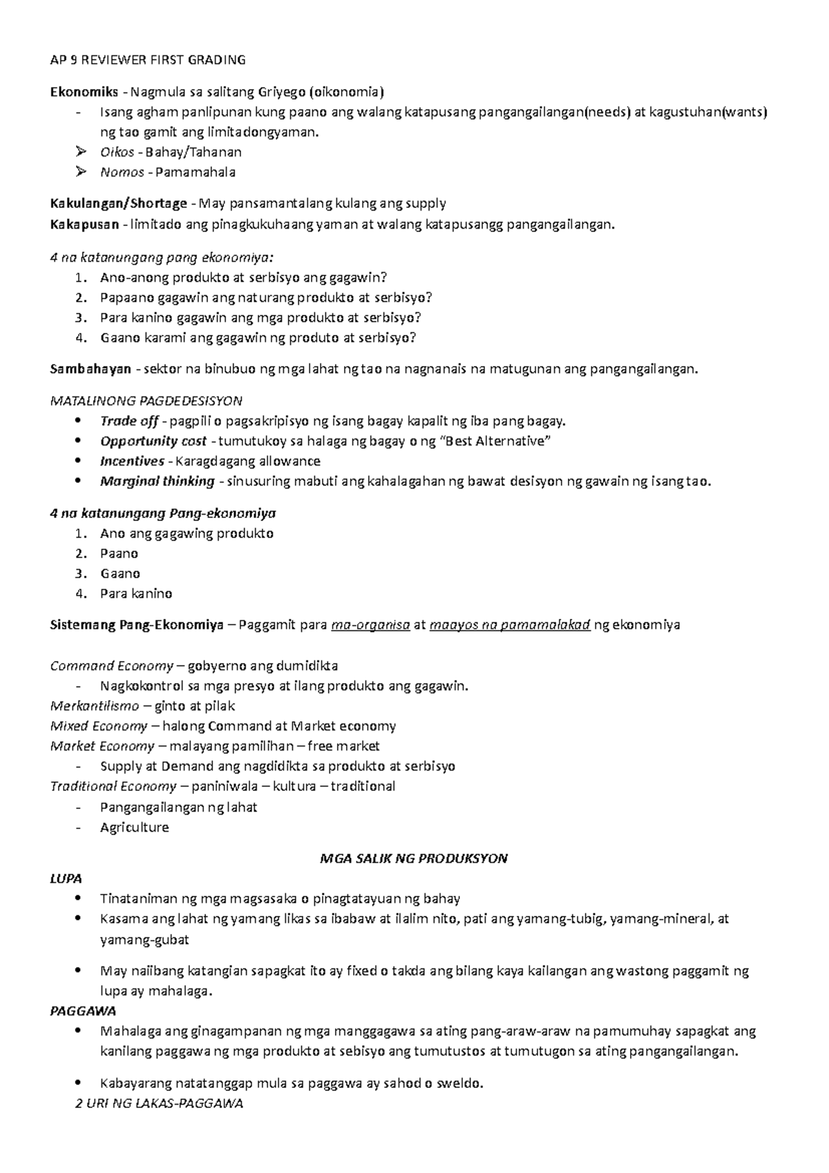 AP 9 Reviewer First Grading - AP 9 REVIEWER FIRST GRADING Ekonomiks ...