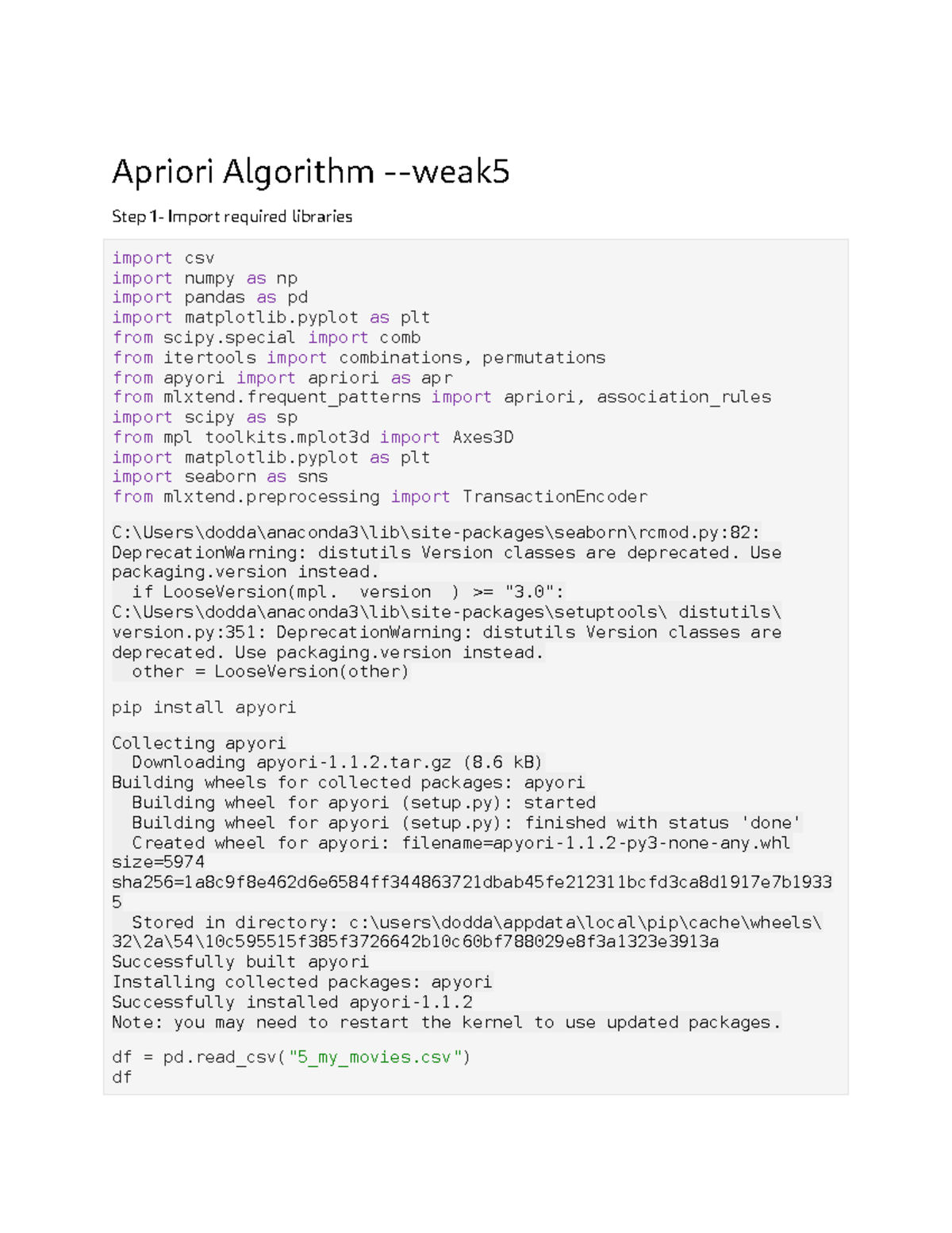 ML LAB R20 - none - Apriori Algorithm -weak Step 1- Import required ...