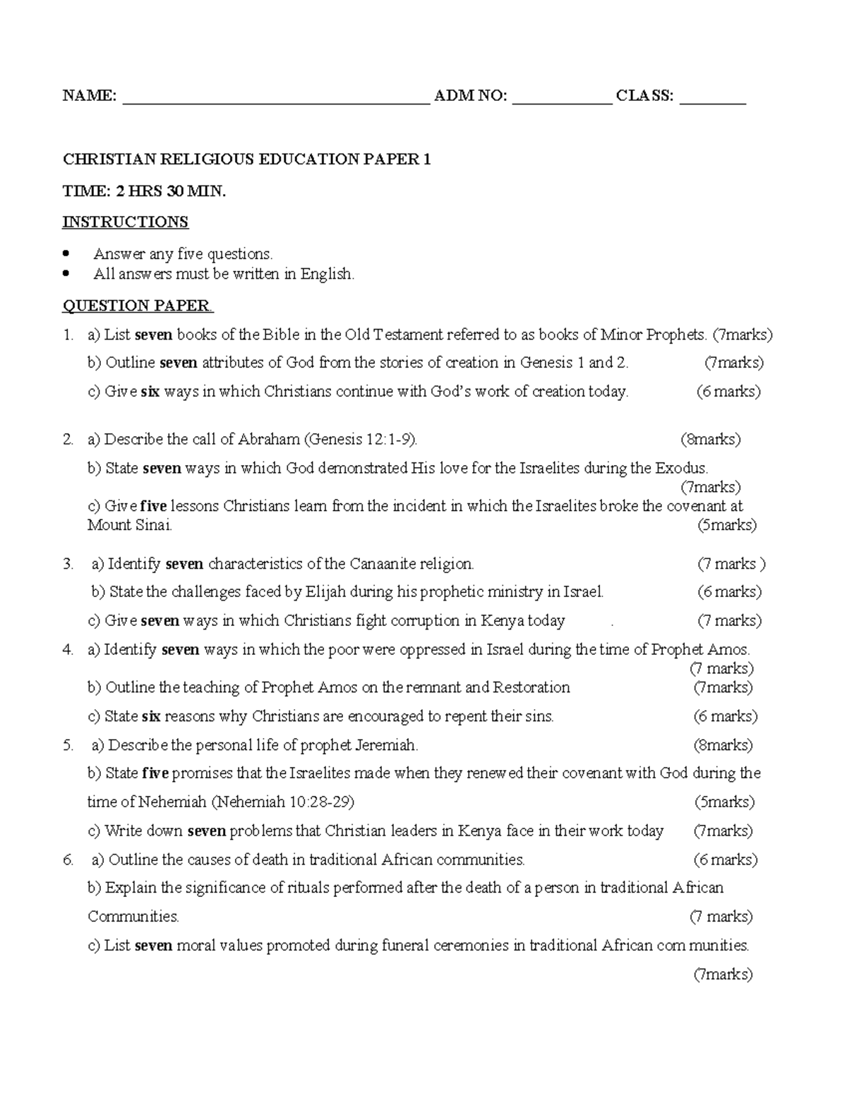 CRE F3T3 PP1 QS - Cre form 3 paper 1 - NAME ...
