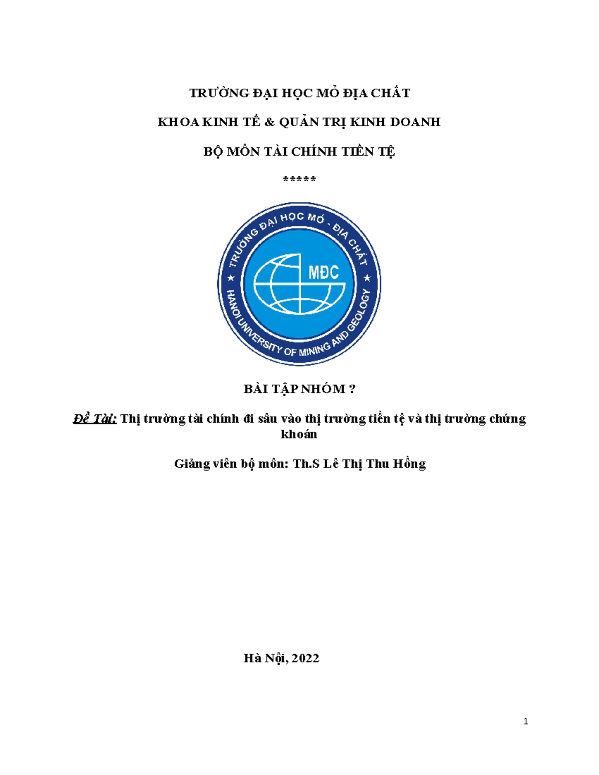 Tài chính tiền tệ - dfdsf - TRƯỜNG ĐẠI HỌC MỎ ĐỊA CHẤT KHOA KINH TẾ ...