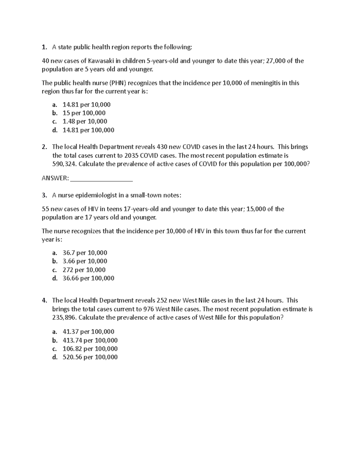 Epidemiology Math Questions-Class Practice - A state public health ...