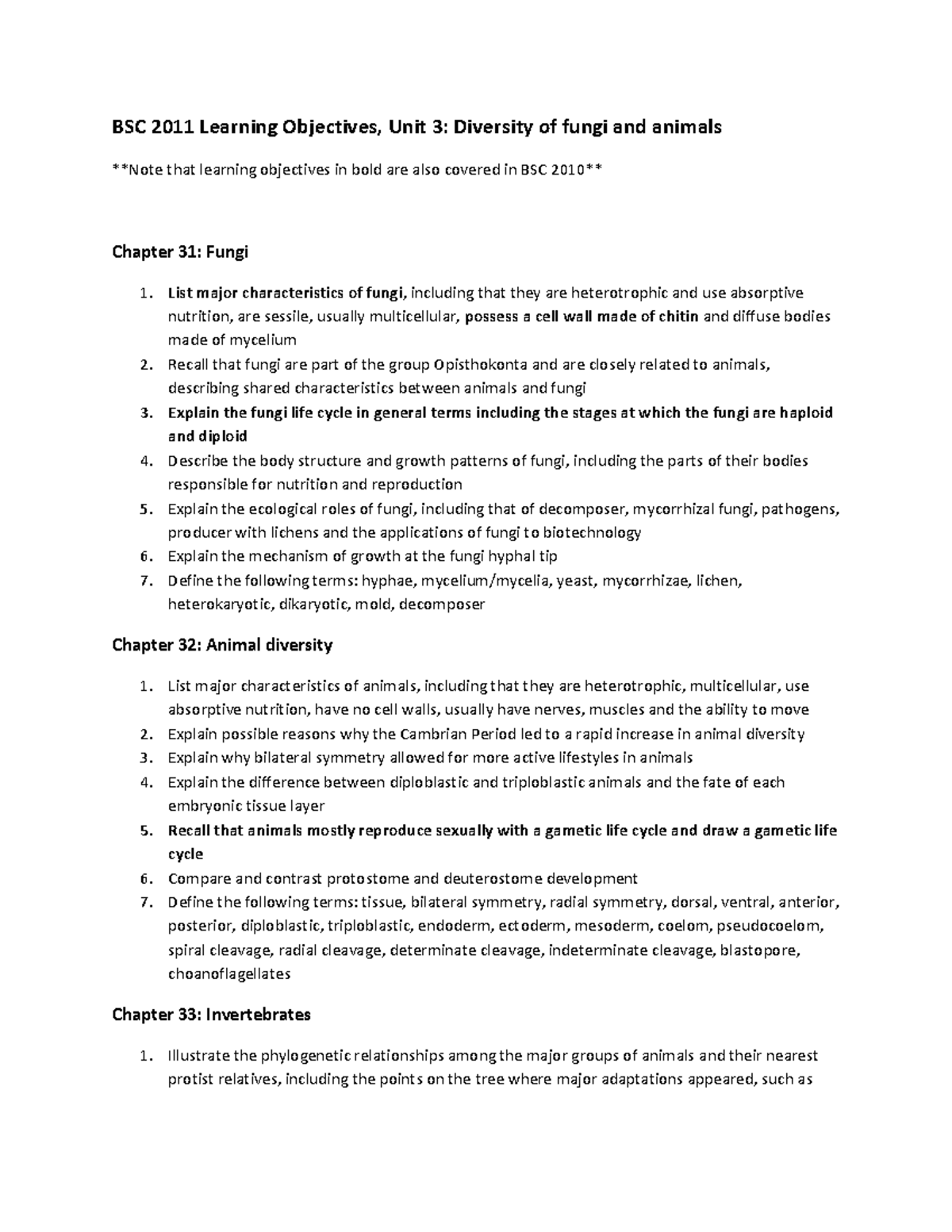 BSC 2011 Learning Objectives unit 3 - BSC 2011 Learning Objectives ...