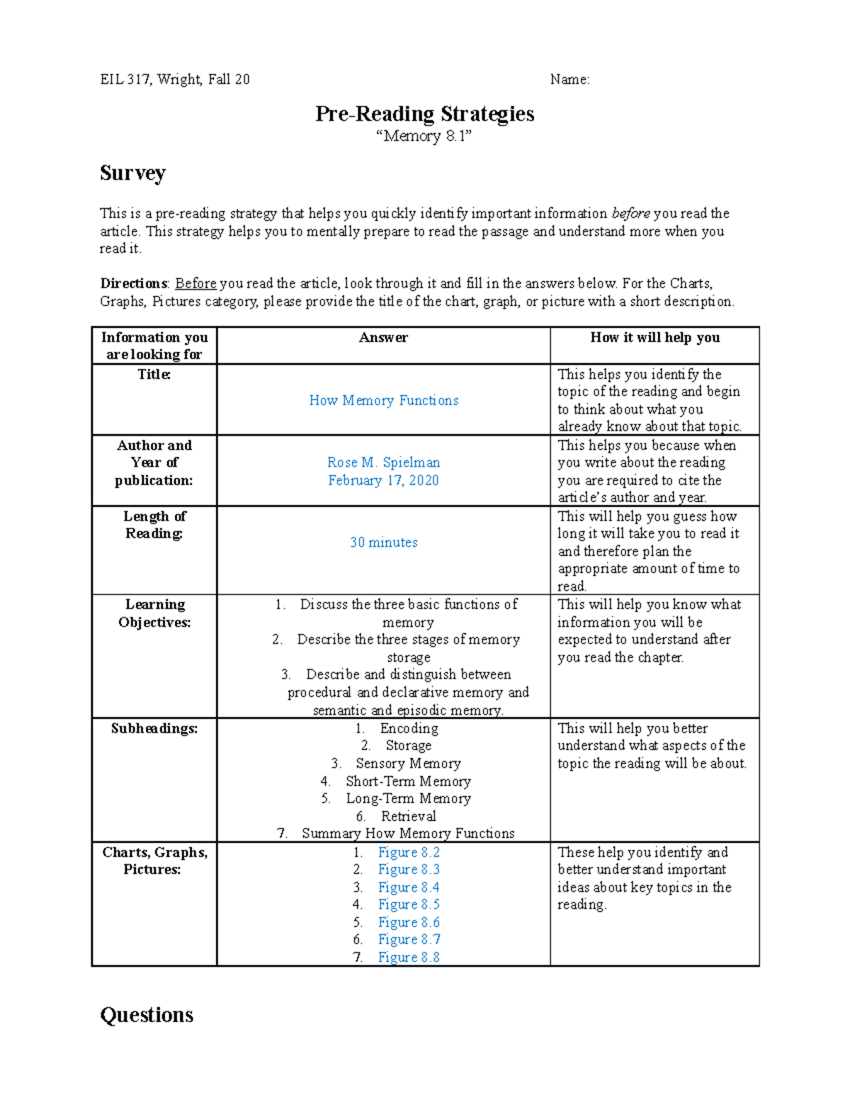 Memory 8.1 Survey and Question Pre-Reading - EIL 317, Wright, Fall 20 ...
