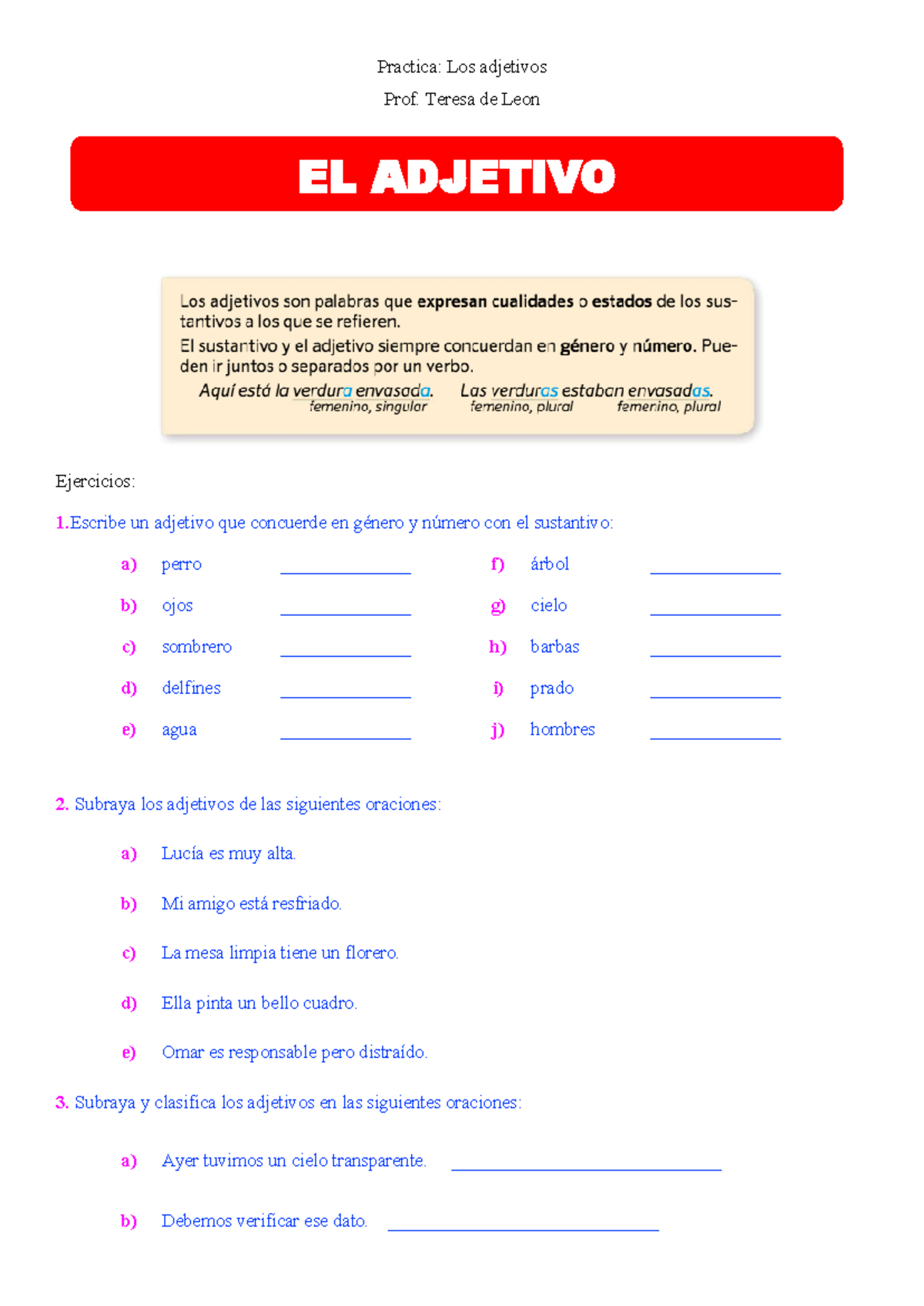 Practica 1ro sec los adjetivos - Practica: Los adjetivos Prof. Teresa ...