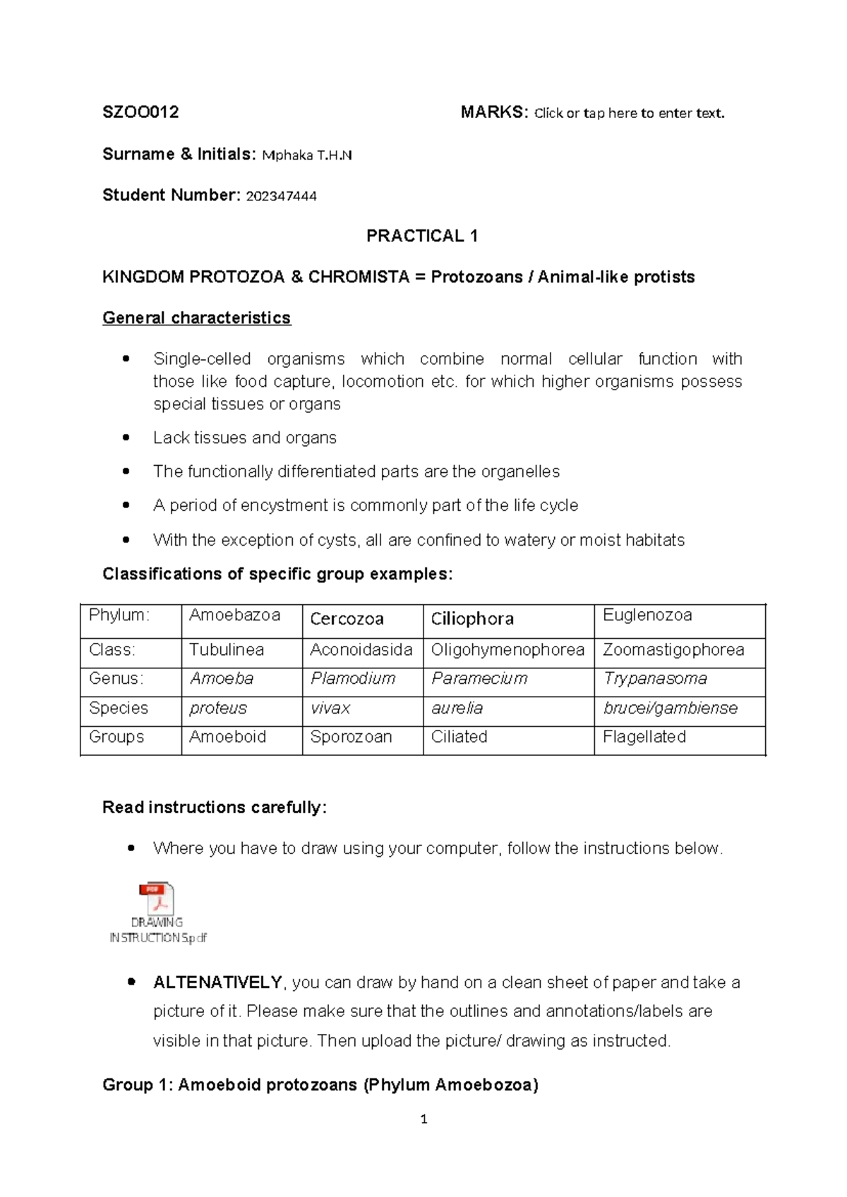 Prac 1 Protozoa and Chromista - SZOO012 MARKS: Click or tap here to ...