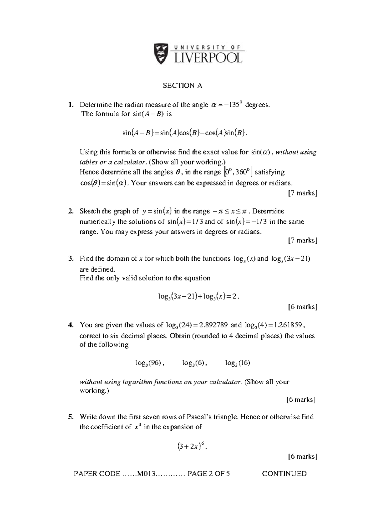 Exam January 2010, questions - SECTION A Determine the radian measure ...