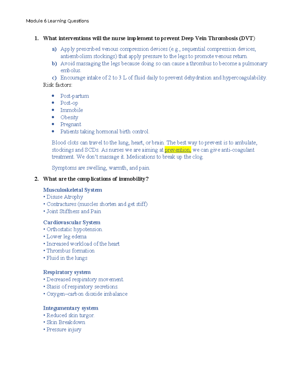 NUR 215 Module 6 Learning Questions - What interventions will the nurse ...