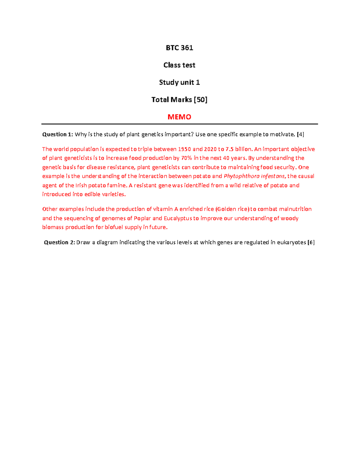 BTC 361 Class Test 22 Aug 2014 MEMO - BTC 361 Class test Study unit 1 ...