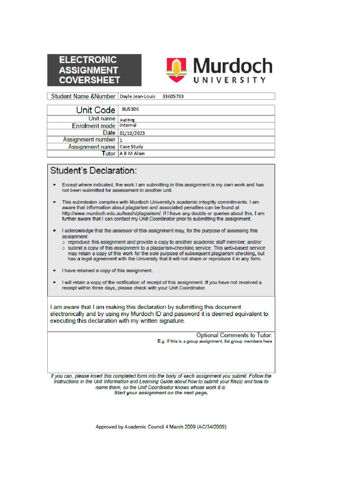 BUS306 assignment - A B M Alam Case Study 1 Internal 01/10/ Auditing ...