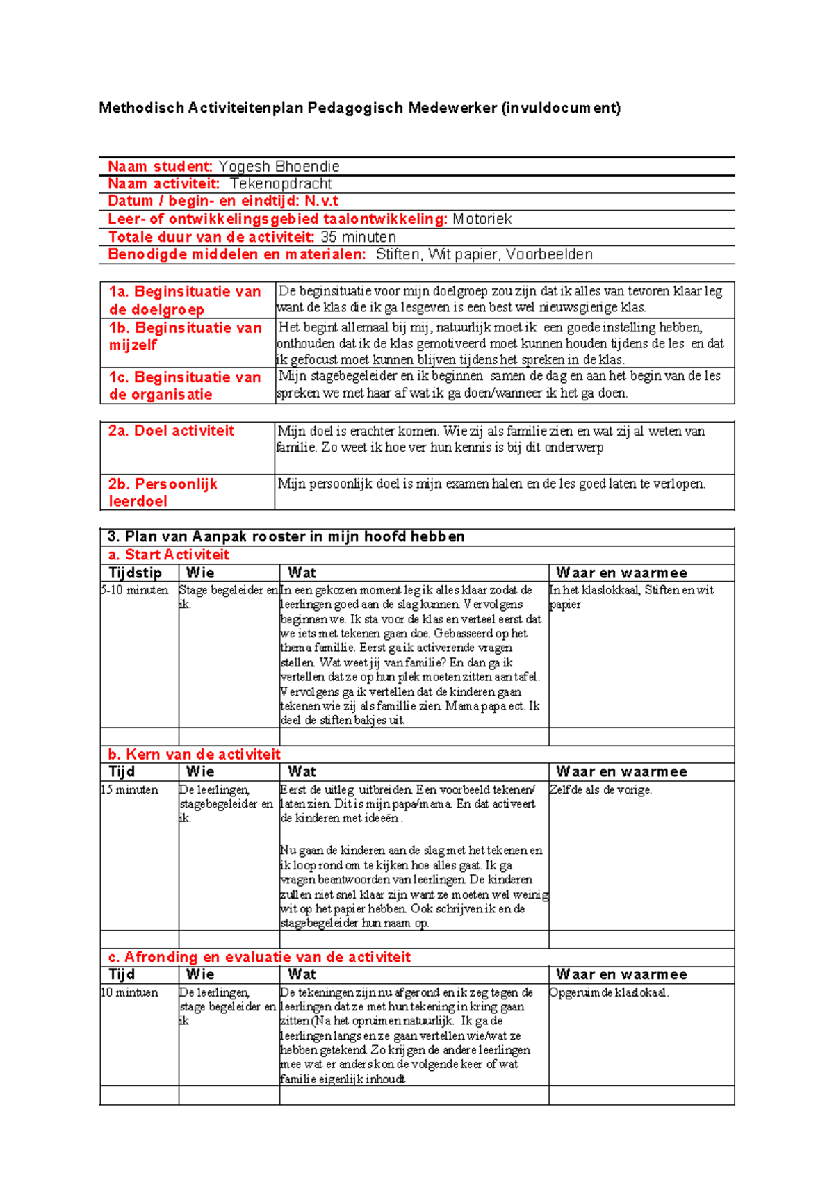 Yogesh Bhoendie Methodisch Stappenplan - Methodisch Activiteitenplan Pedagogisch Medewerker ...