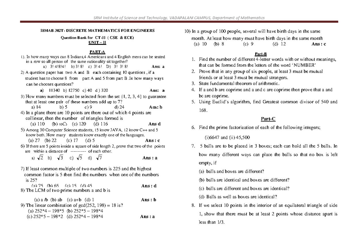 Question Bank for CT- II - SRM Institute of Science and Technology ...
