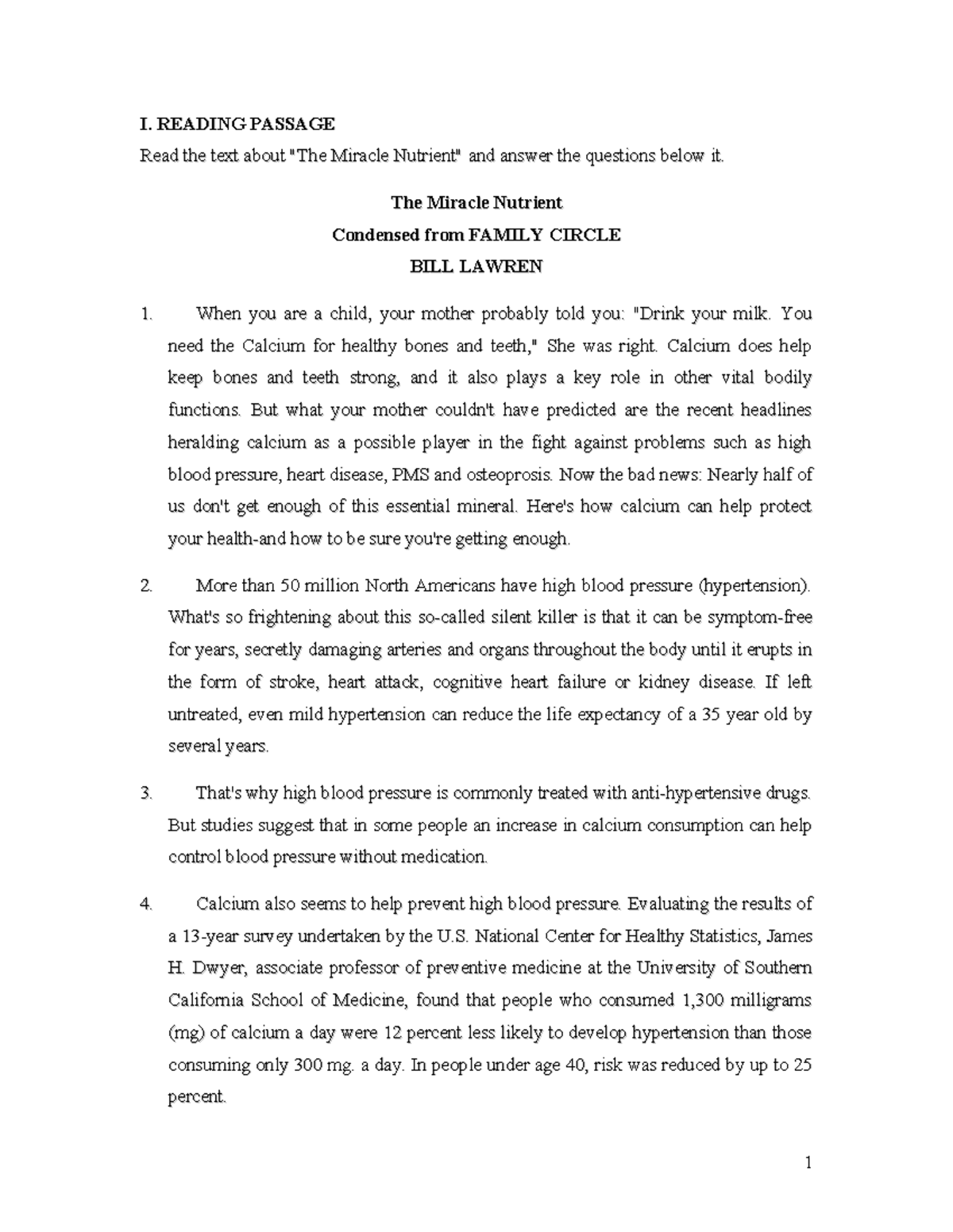 English Worksheet Modified - I. READING PASSAGE I. READING PASSAGE Read ...