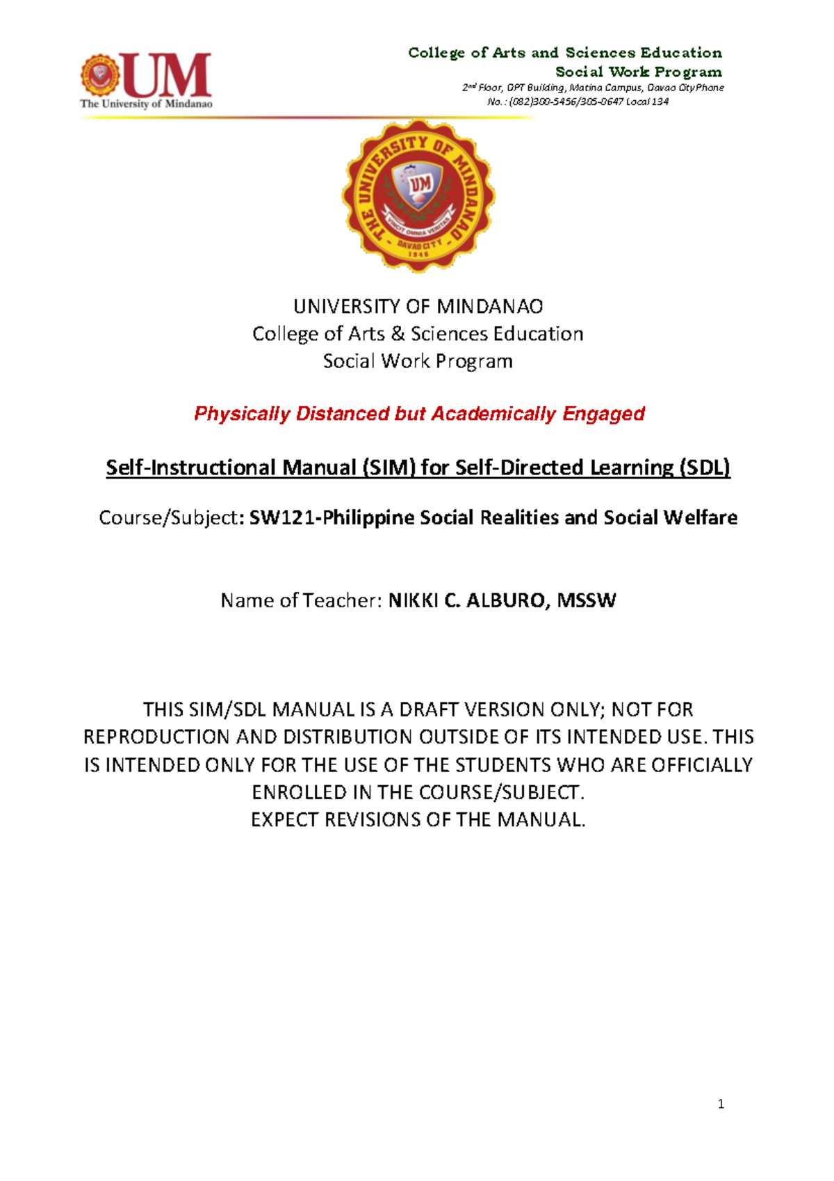 SW 121 2nd tranche SIM-SDL - Social Work Program 2 nd Floor, DPT ...