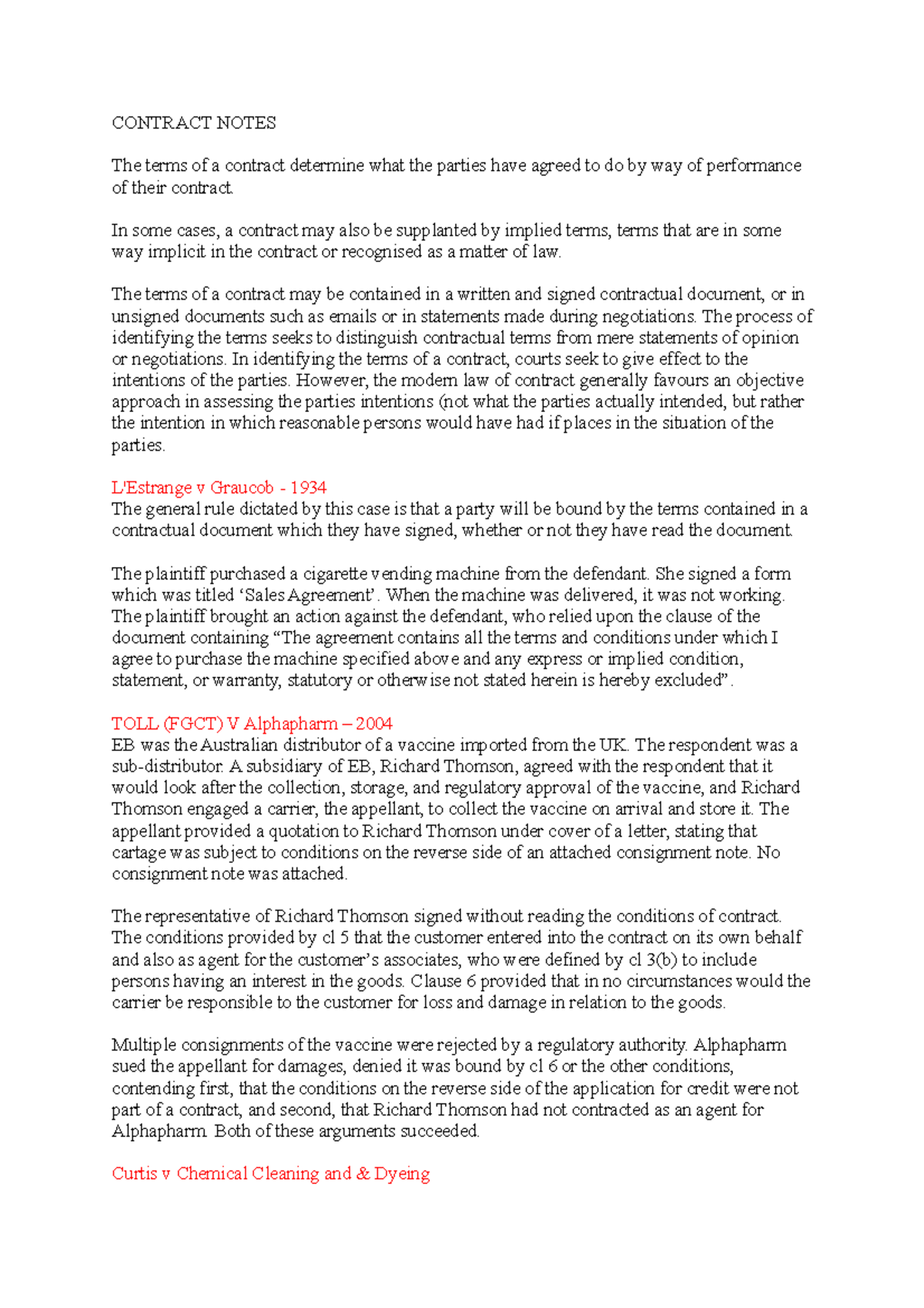 Contract Notes - week 1 - CONTRACT NOTES The terms of a contract ...