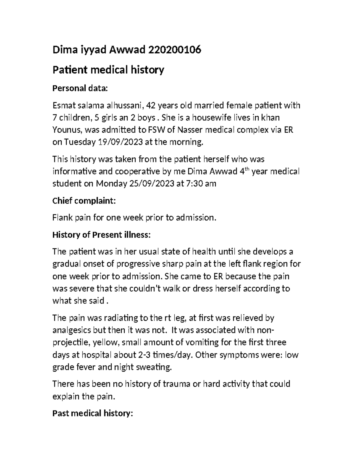 هستوري⁩ - Dima - Dima iyyad Awwad 220200106 Patient medical history ...