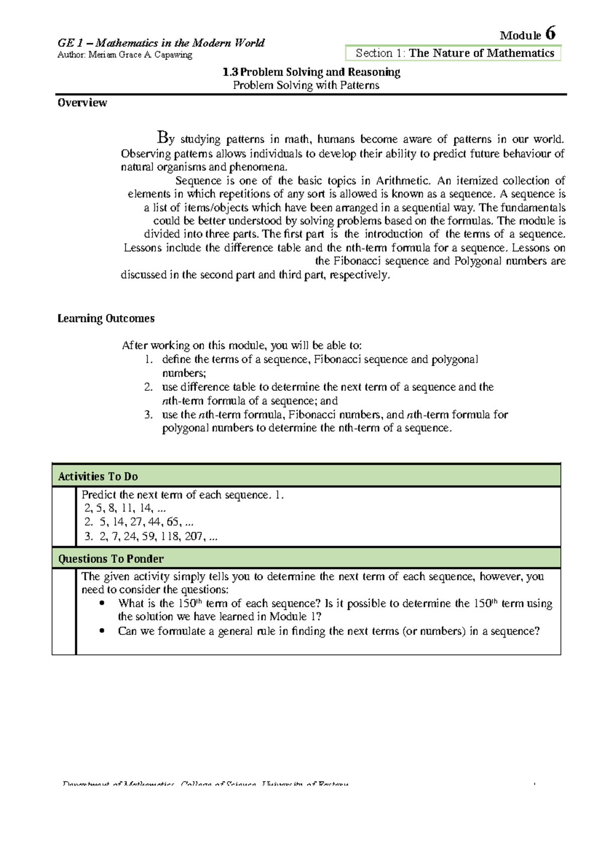 MMW Module 6 - Mathematics in the Modern World - Section 1: The Nature ...