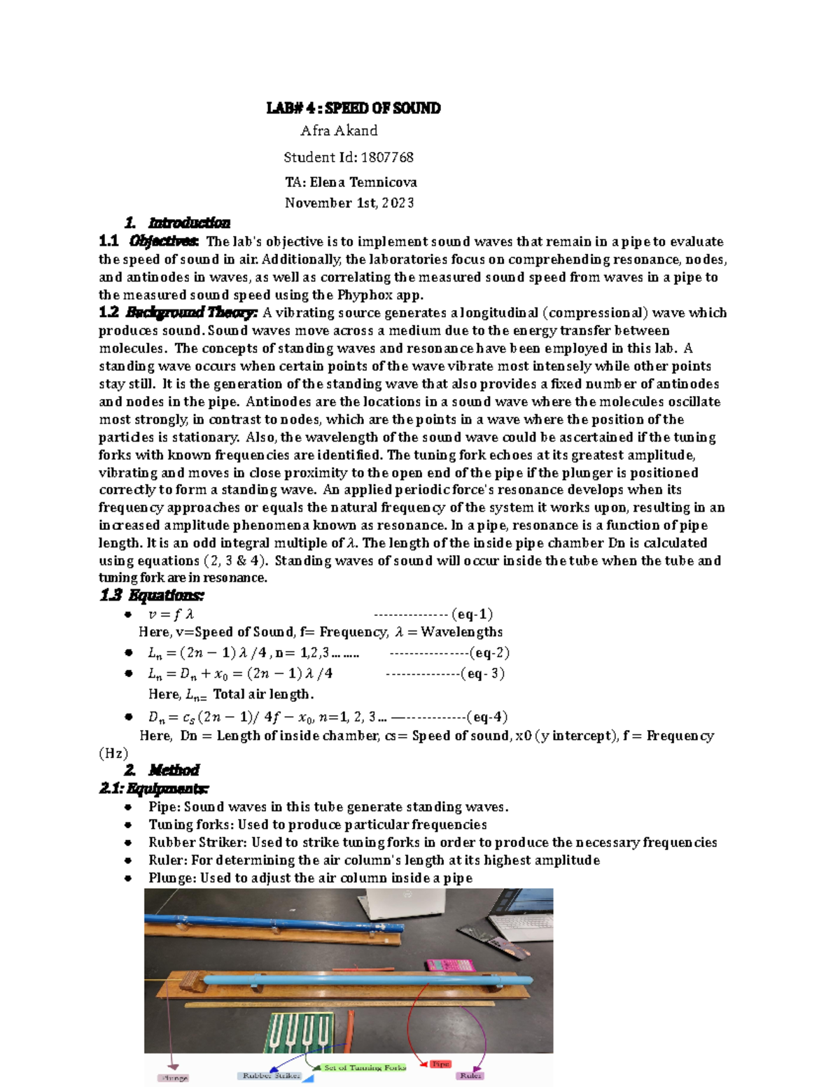 Speed of Sound - Lab - LAB# 4 : SPEED OF SOUND Afra Akand Student Id ...