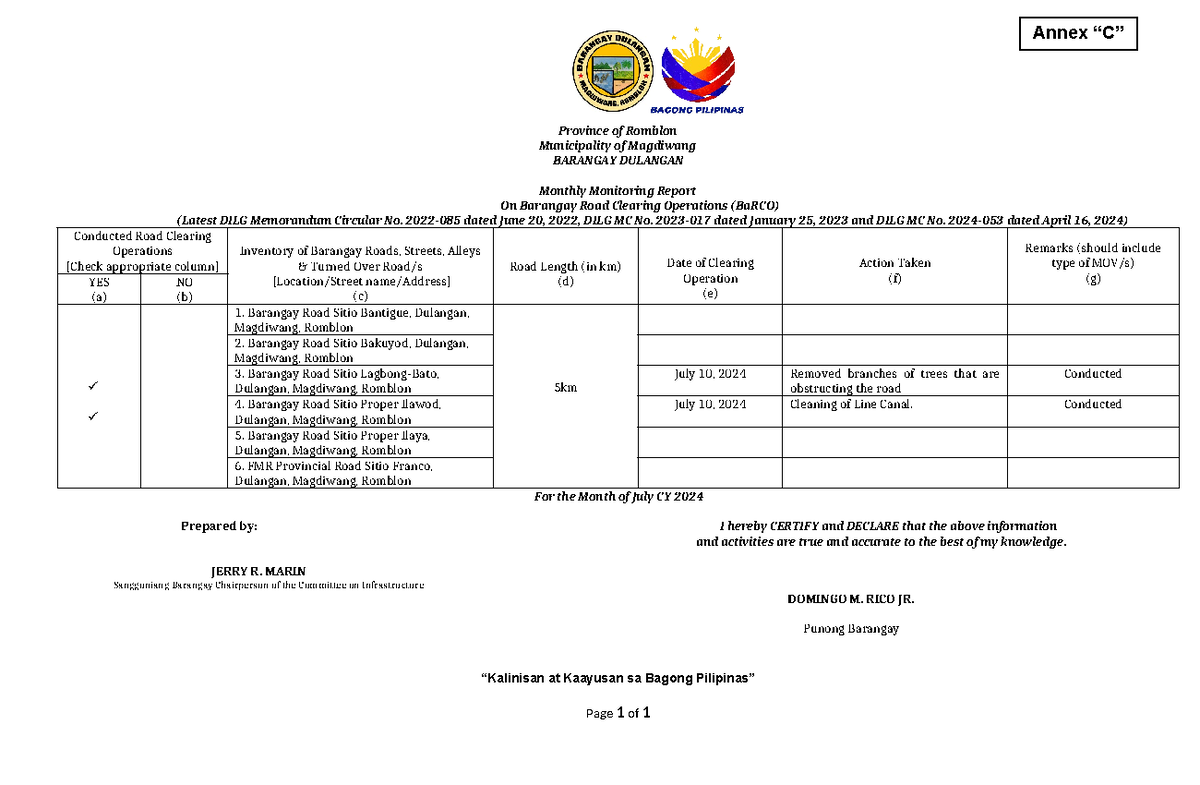 Annex C Barangay Ba RCO Monthly Monitoring Report Template with PB s ...