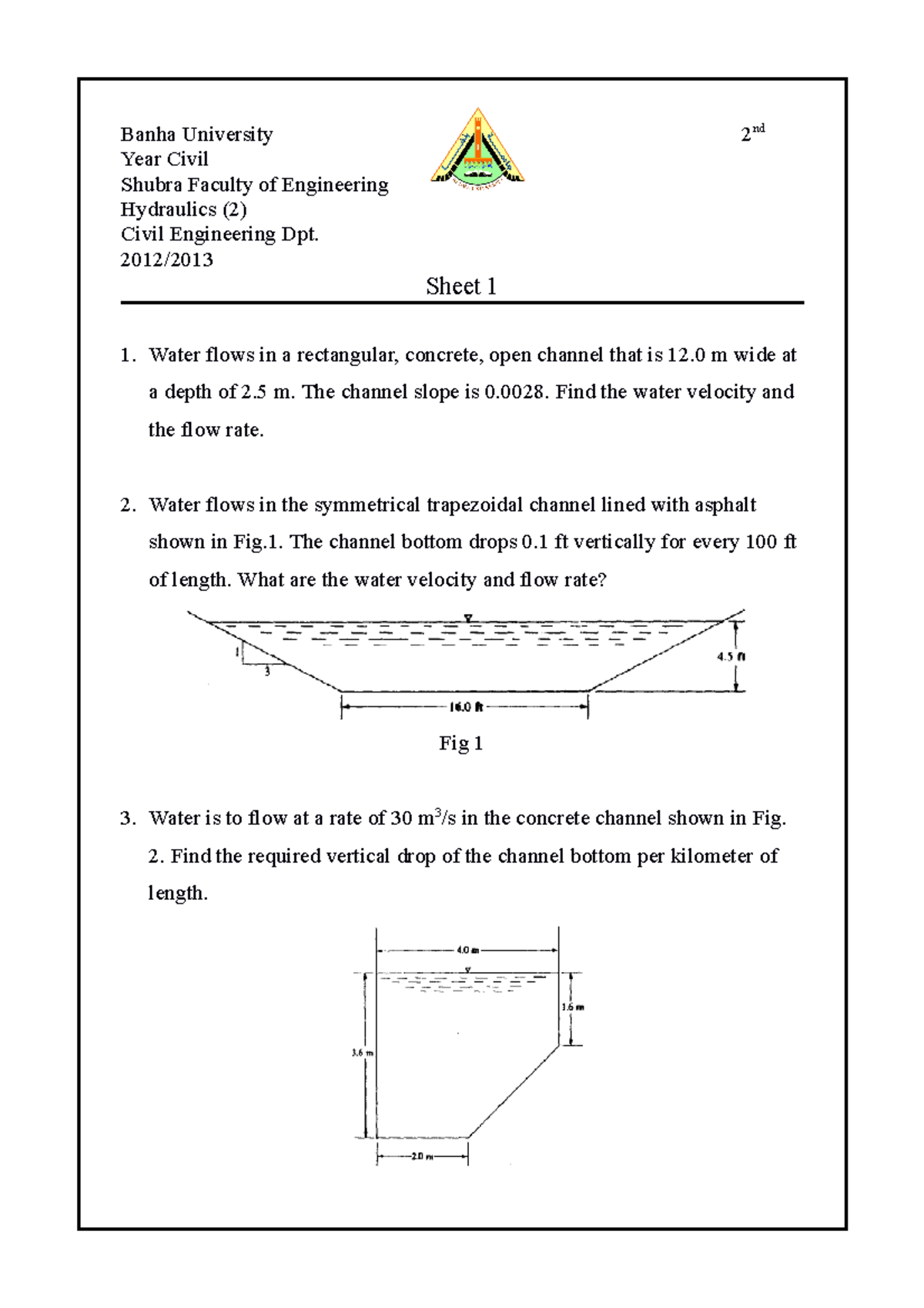 Sheet Lecture Notes Banha University 2 Nd Year Civil Shubra Faculty Of Engineering 