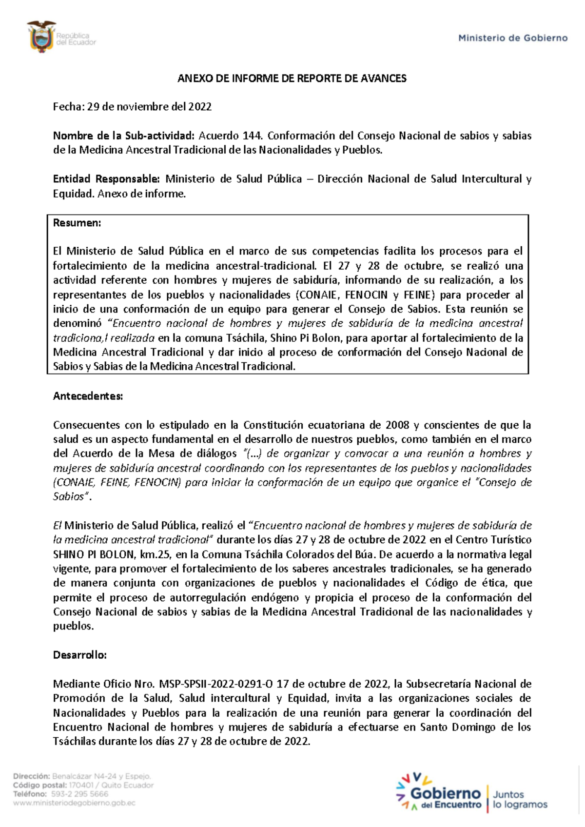 144 - ANEXO DE INFORME DE REPORTE DE AVANCES Fecha: 29 de noviembre del 2022 Nombre de la - Studocu