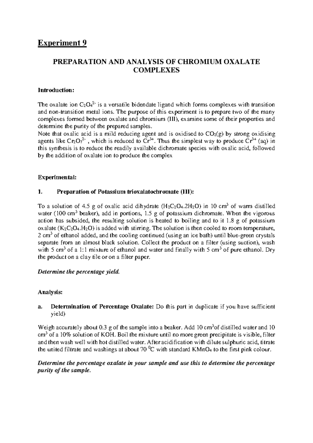 Experiment 4 Preparation And Analysis Of Chromium Oxalate Complexes