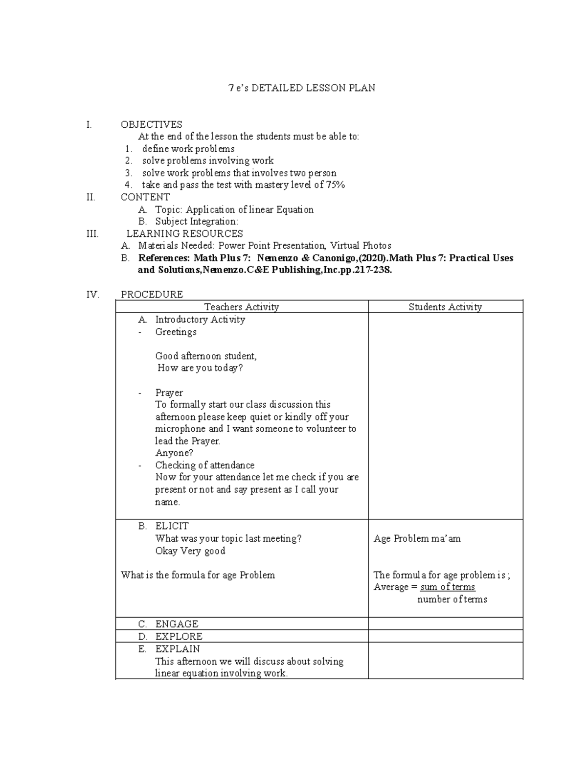 Final demo lesson(WORK) - 7 e’s DETAILED LESSON PLAN I. OBJECTIVES At ...