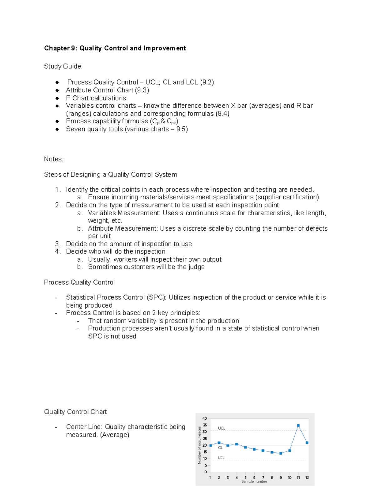 SCO- Midterm 2 Notes - Chapter 9: Quality Control and Improvement Study ...