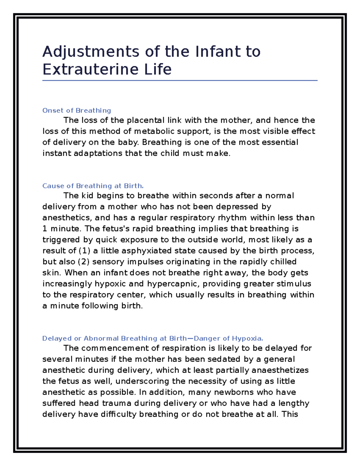 An overview of Adjustments of the Infant to Extrauterine Life - Adjustments of the Infant to ...