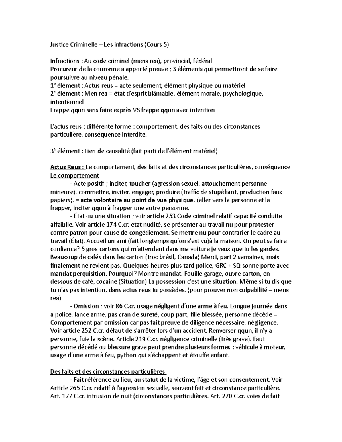 Cours 5 - Les infractions - Justice Criminelle – Les infractions (Cours ...