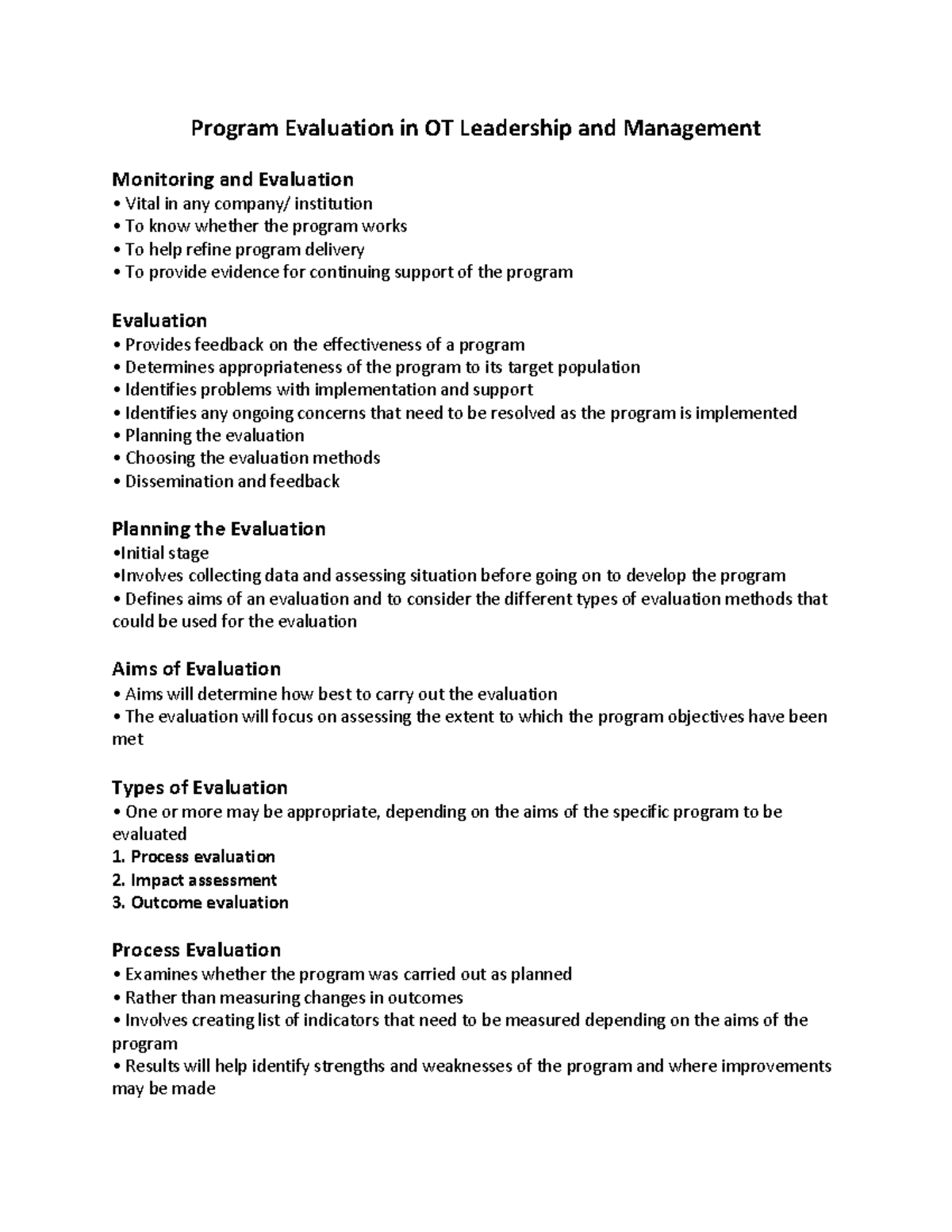 Program Evaluation in OT Leadership and Management - Process evaluation ...