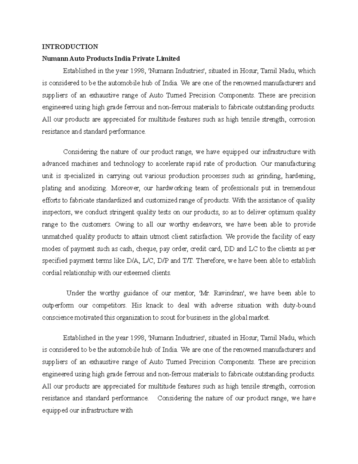 Numann Auto Products India Private Limited - INTRODUCTION Numann Auto ...
