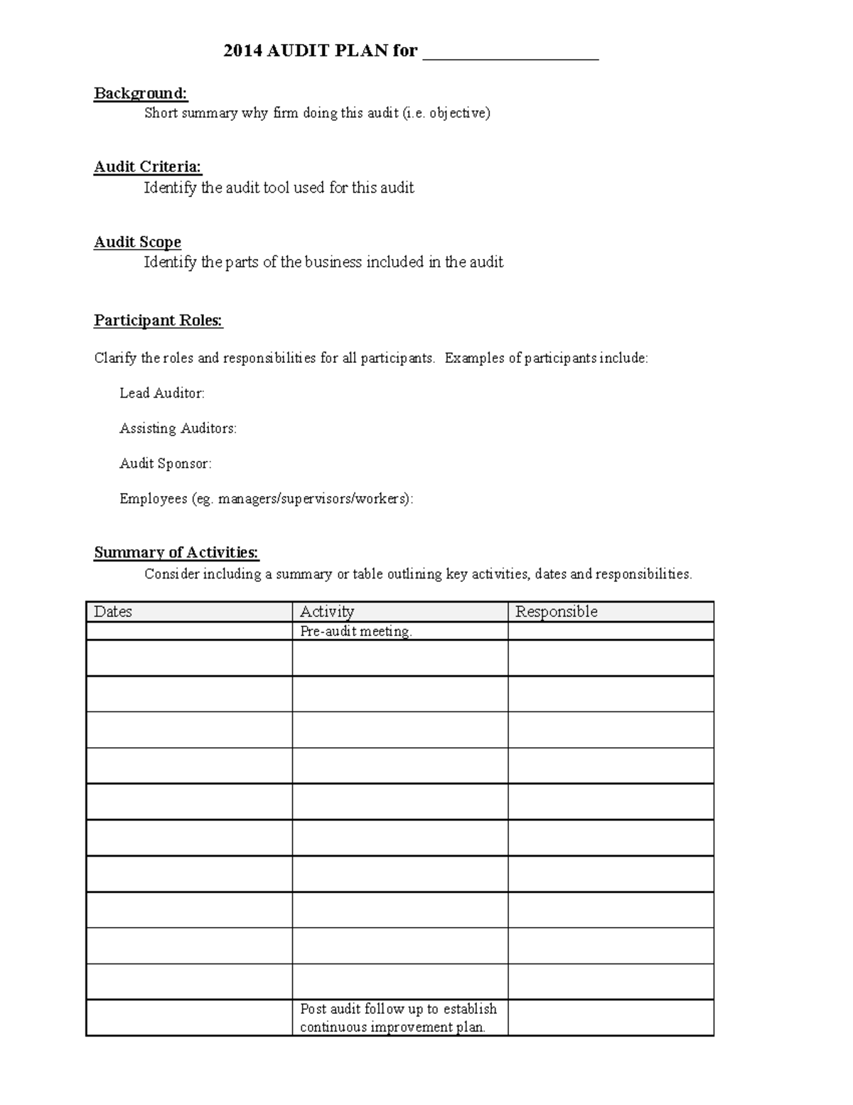 Exercise 1 Sample audit plan - 2014 AUDIT PLAN for ...