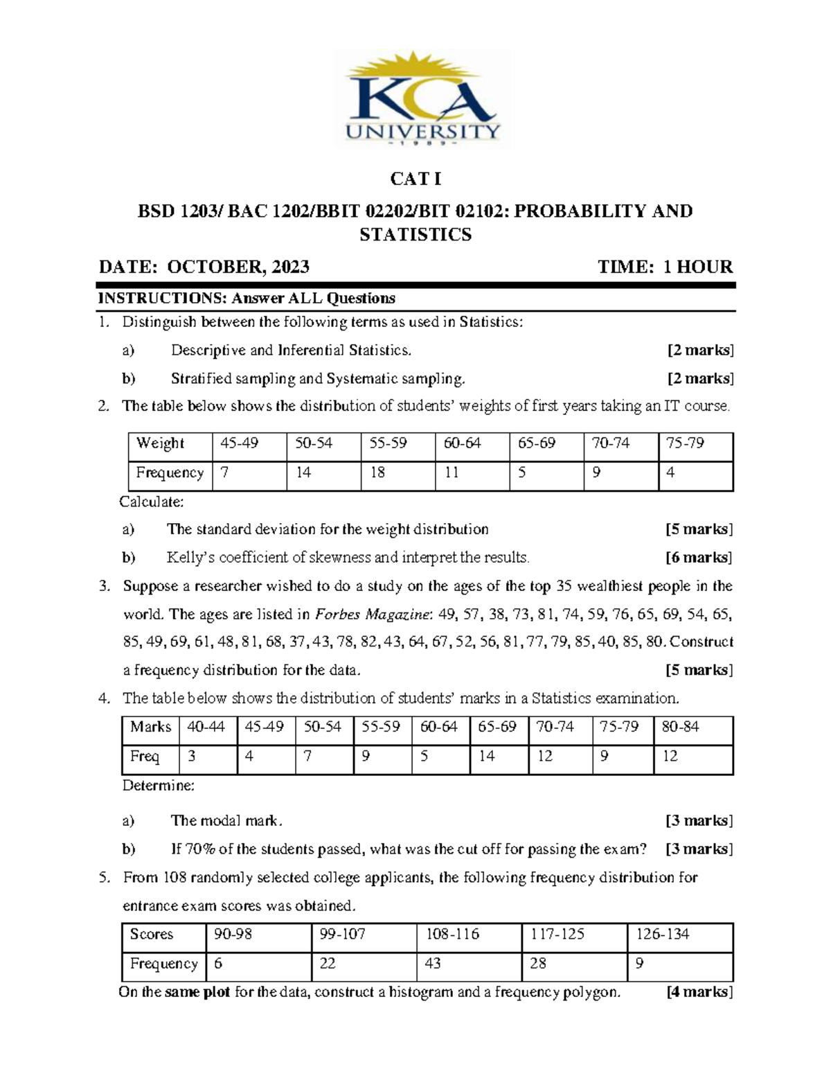 Probability AND Statistics CAT ONE - CAT I BSD 1203 / BAC 1202/BBIT ...